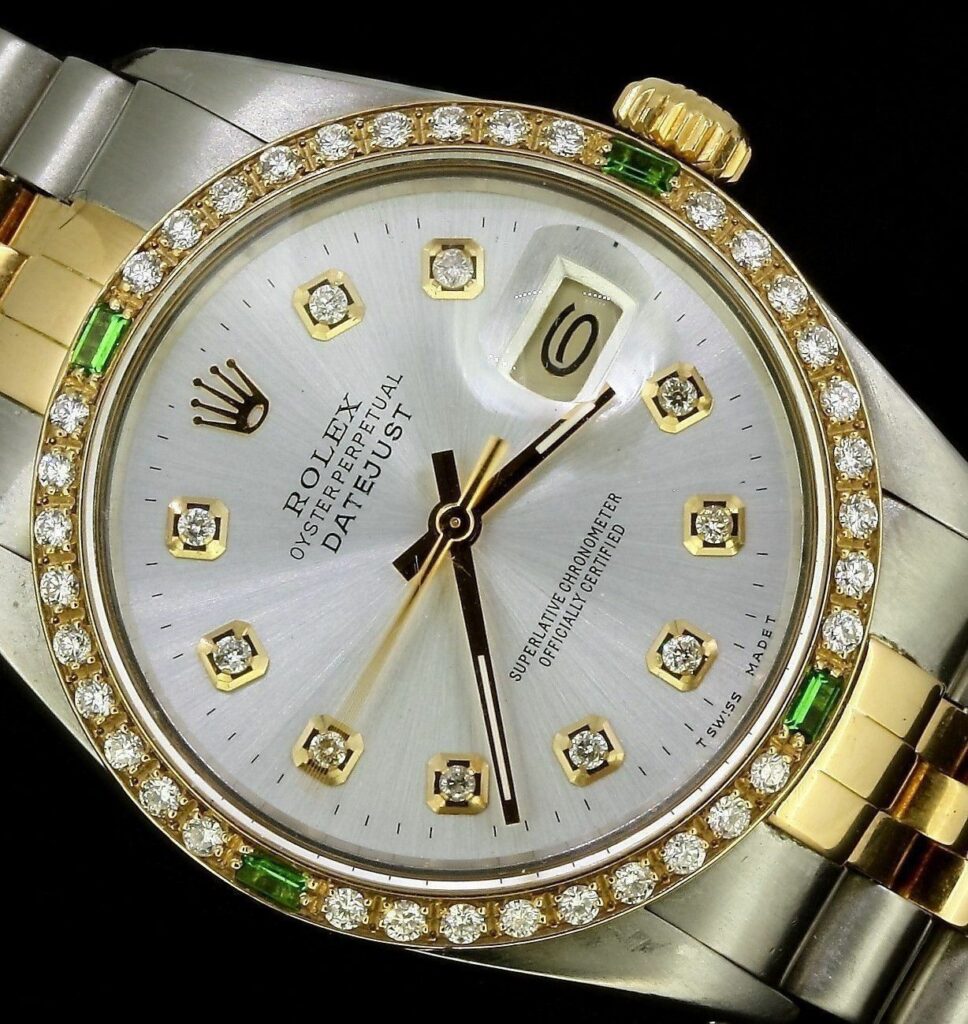 Rolex Mens Datejust Oyster 18K Gold Steel Diamond Emerald Dial Bezel ...