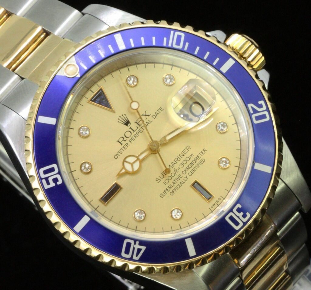 Rolex Submariner Mens Stainless 18K Gold Watch Oyster Diamond Serti ...